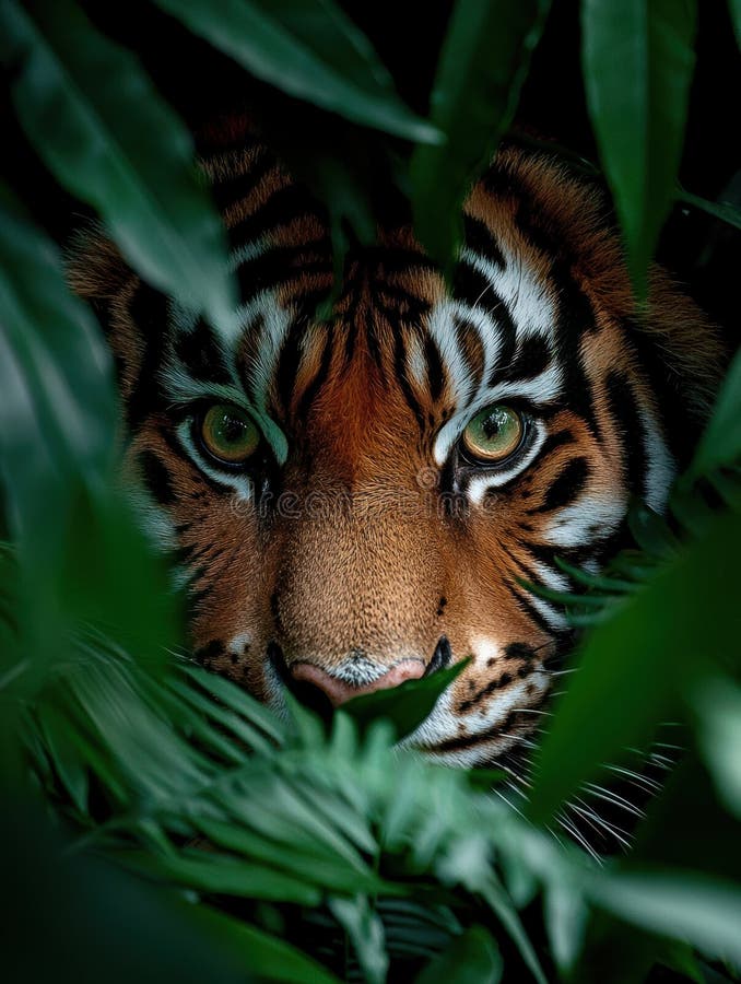Tiger hiding in the jungle stock illustration. Illustration of leaves ...