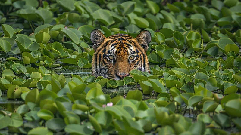 Tiger Hiding in the Pond in Shrubs. Wild Predator in Nature Stock Photo ...