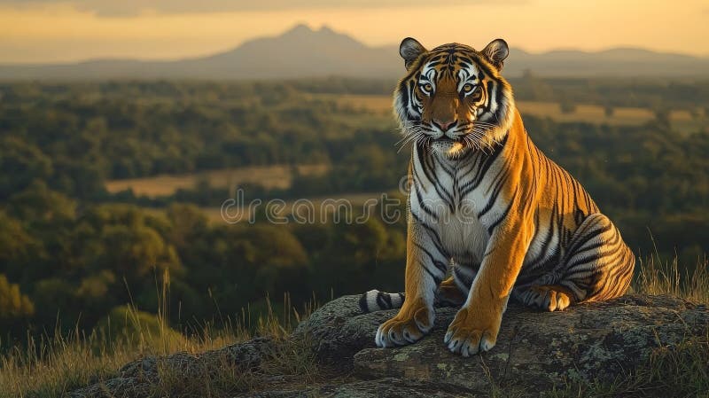 Tiger on Hilltop at Sunset stock image. Image of tiger - 373409391