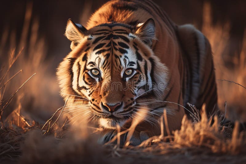 Tiger Hunting in a Grassland at Sunset. AI Generated Illustration Stock ...