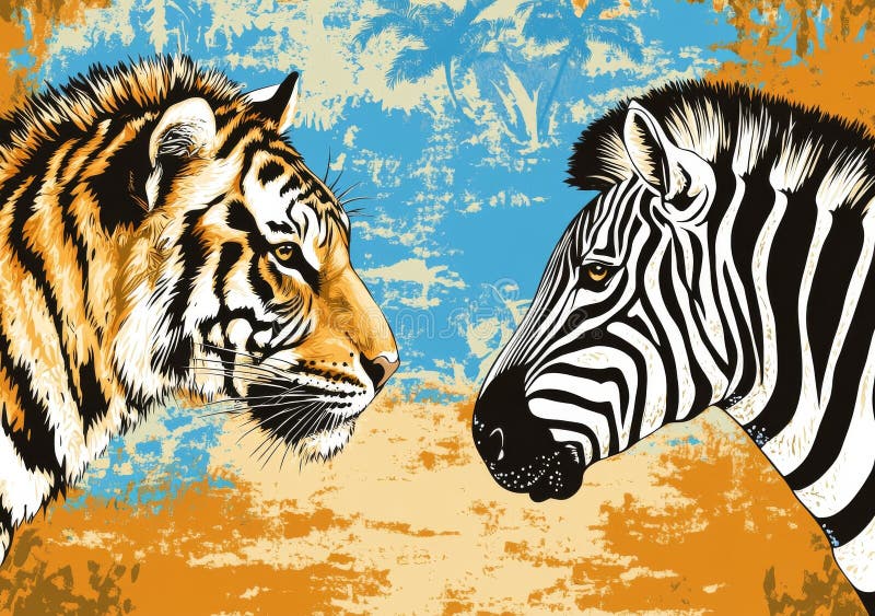 A Tiger Illustration with a Green Tie Dye Pattern. a Tropical Pattern ...