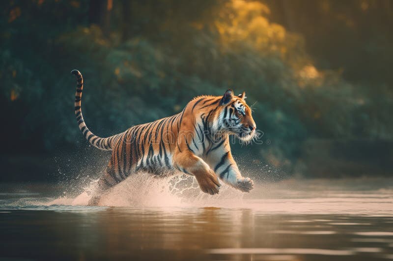 Tiger Jumping on the Water of River. Generative AI Stock Illustration ...