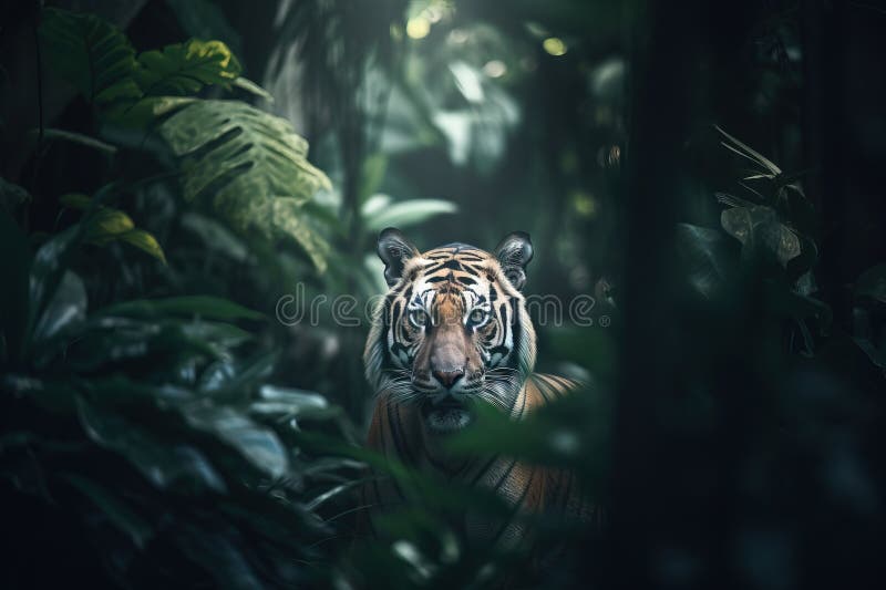 A Tiger in the Jungle Looking at the Camera with a Bright Light on Its ...