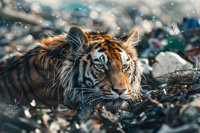 Tiger is Laying in a Pile of Trash Stock Photo - Image of camera ...