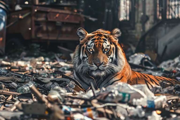 Tiger is Laying in a Pile of Trash Stock Image - Image of hunter, pile ...