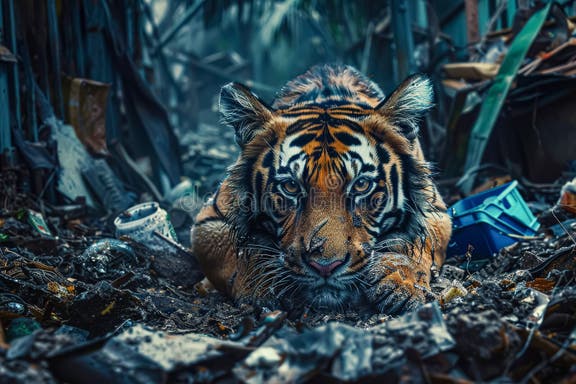 Tiger is Laying in a Pile of Trash Stock Image - Image of bengal ...