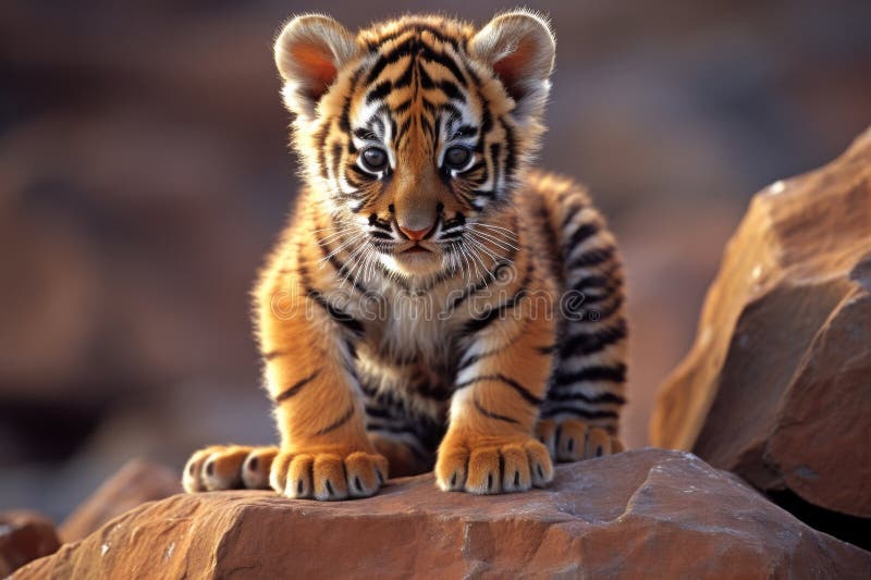 A Tiger is Laying on a Rock and Looking at the Camera. Tiny Tiger Cub ...