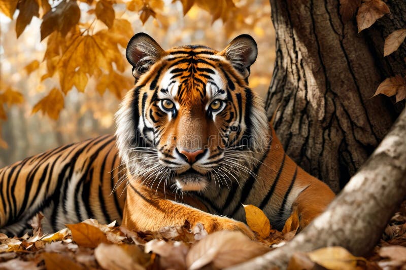 Tiger Lays in Bed of Leaves and Tree Branches Looking at Something Off ...
