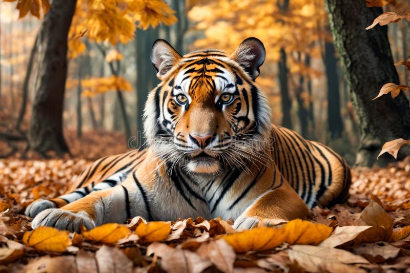 Tiger Lays Down in Forest with Autumn Leaves Around it. Generative AI ...