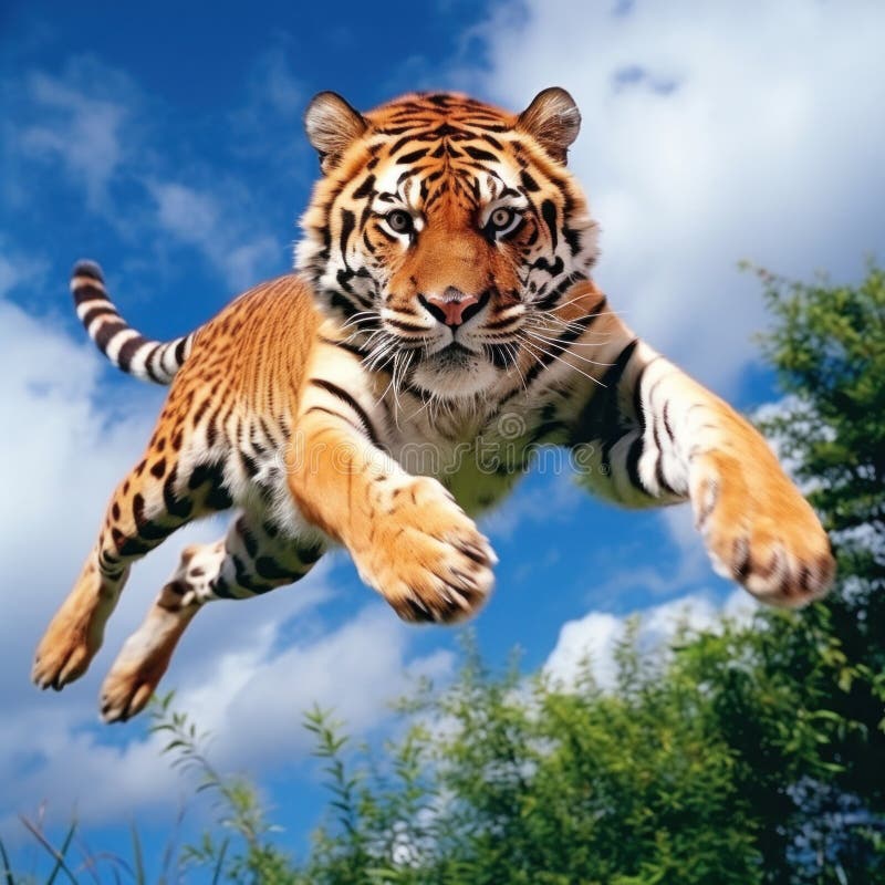 A Tiger is Leaping through the Air in Front of a Blue Sky, AI Stock ...