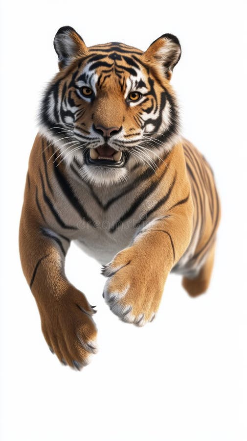 Tiger Leaping Forward on White Background, Dynamic Wildlife Concept ...