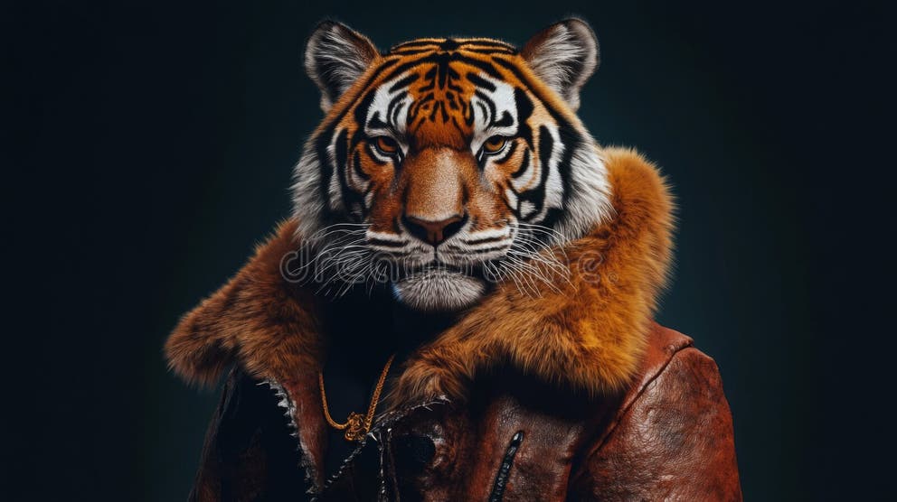 Tiger in Leather Jacket and Gold Chain Stock Illustration ...