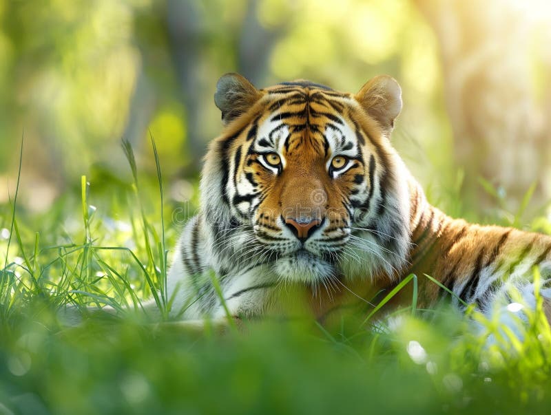 Tiger lies in the forest stock photo. Image of nose - 309286638