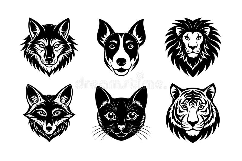 Tiger, Lion, Wolf, Cat, Fox, Dog Head Vector Silhouette Icon Set Stock ...