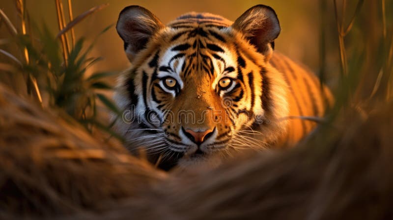 A Tiger is Looking at the Camera in a Grassy Area, AI Stock Photo ...