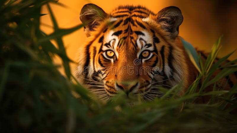 A Tiger is Looking at the Camera through Some Tall Grass, AI Stock ...