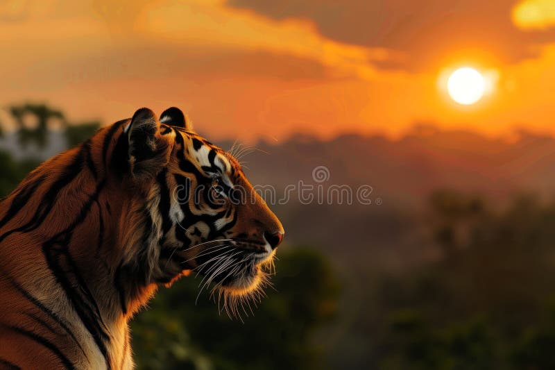 Tiger Looking Out, Sun Setting in Jungle Stock Image - Image of dusk ...