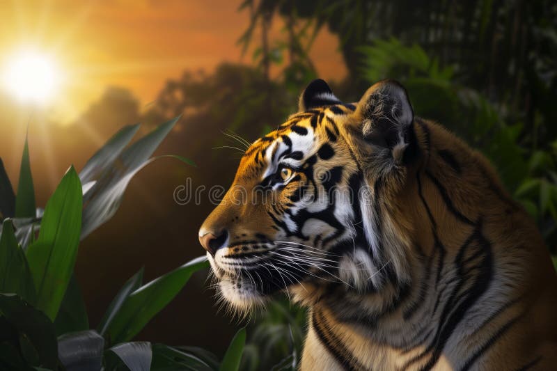 Tiger Looking Out, Sun Setting in Jungle Stock Image - Image of ...