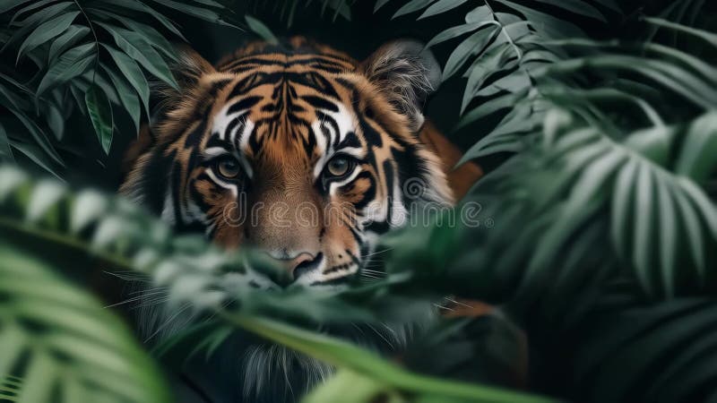 Tiger Looks at Camera in Palm Leaves Stock Footage - Video of resting ...