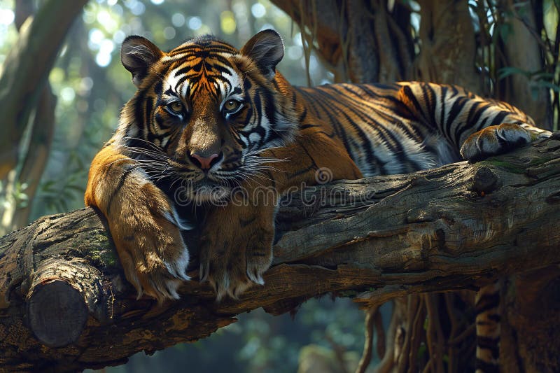 A Tiger Lounging on a Tree Log in the Zoo, High Quality, High ...