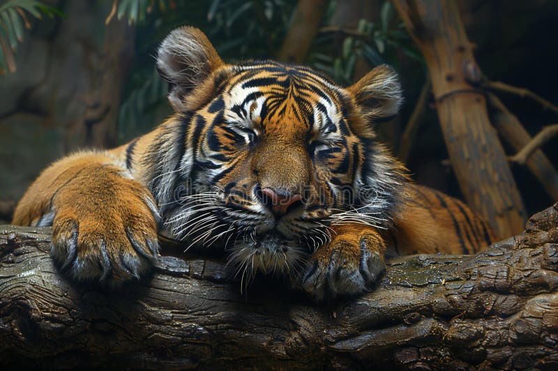 A Tiger Lounging on a Tree Log in the Zoo, High Quality, High ...