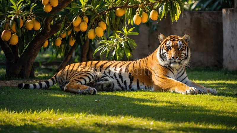 Majestic Bengal Tiger Relaxing Under a Mango Tree Stock Illustration ...