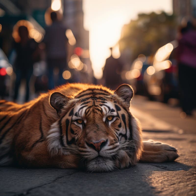 A Tiger Lying on a Busy City Street Stock Illustration - Illustration ...