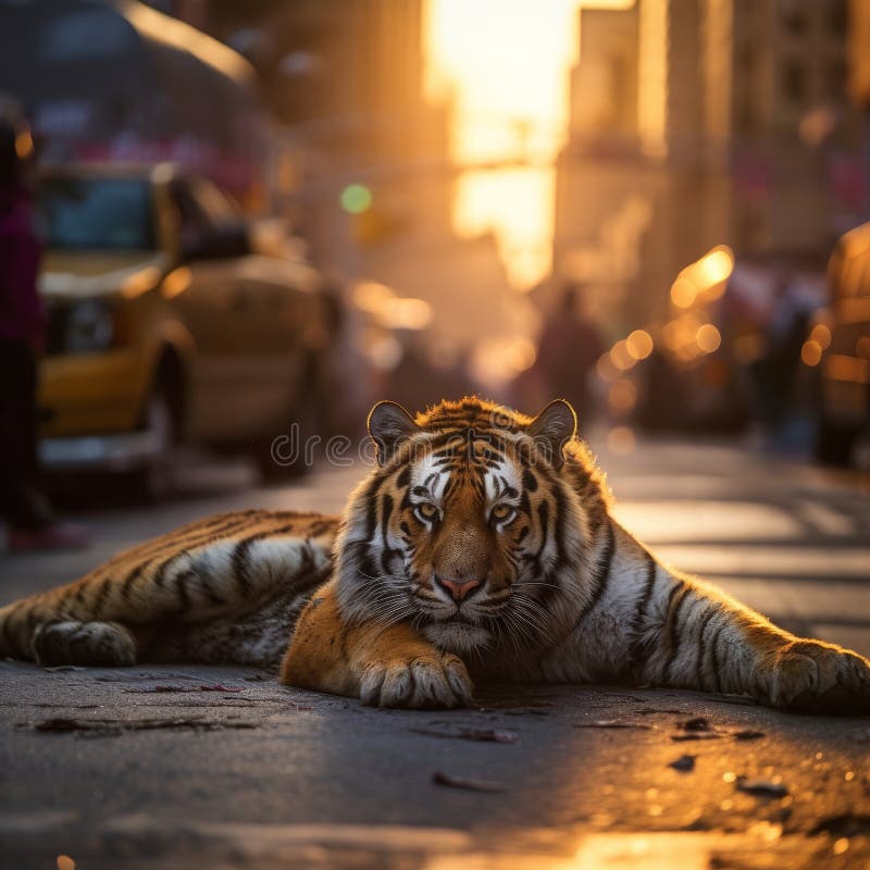 A Tiger Lying on a Busy City Street Stock Illustration - Illustration ...
