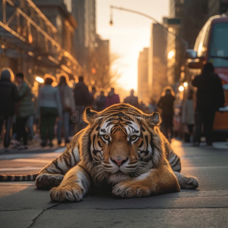 A Tiger Lying on a Busy City Street Stock Illustration - Illustration ...