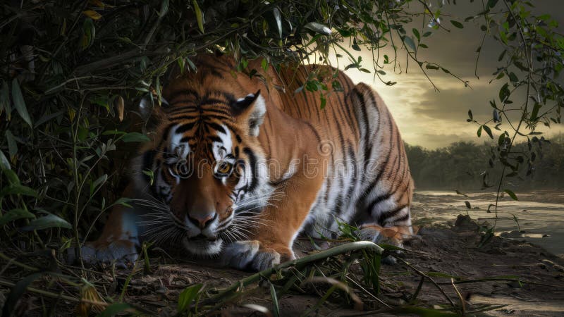 A Tiger is Lying Down in the Shade of a Tree, AI Stock Image - Image of ...