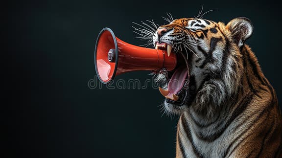 Tiger with Megaphone Roars. Powerful Animal Using a Megaphone for ...