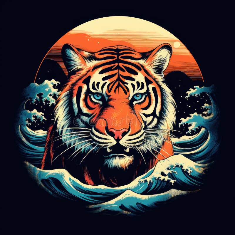 A Tiger in the Middle of a Wave. Stock Illustration - Illustration of ...