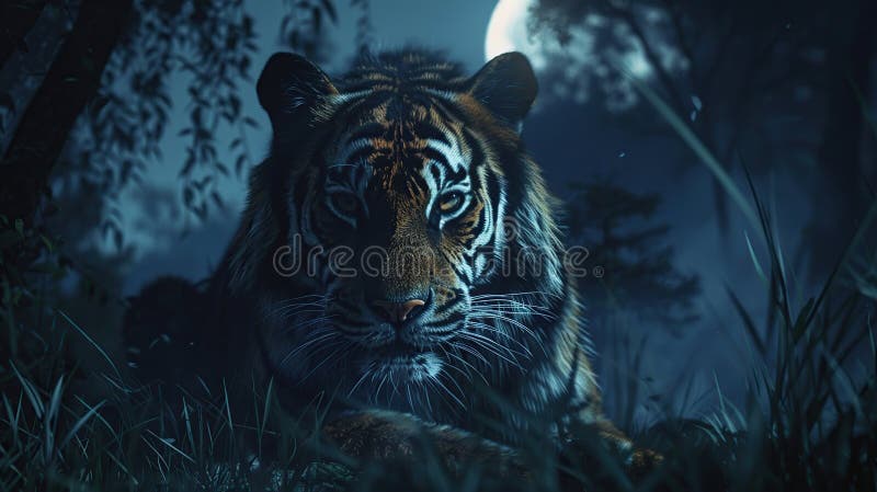 Tiger in the Moonlight stock illustration. Illustration of feline ...