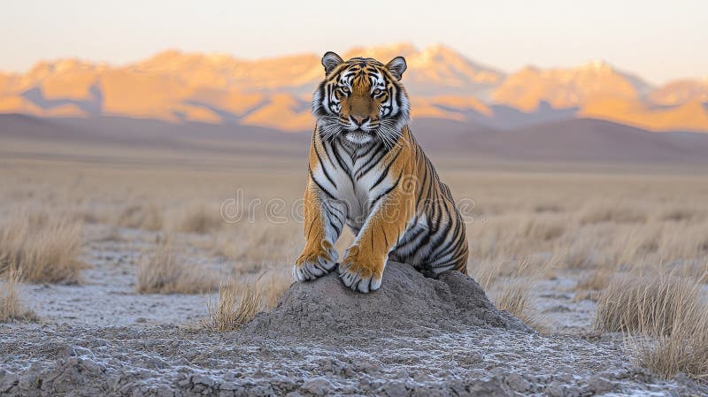 Tiger on Mound, Mountain Backdrop, Sunrise Stock Photo - Image of ...