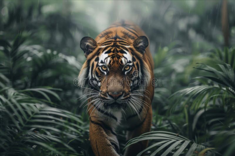 A Tiger Moving Gracefully through Dense Forest Vegetation, Showcasing ...