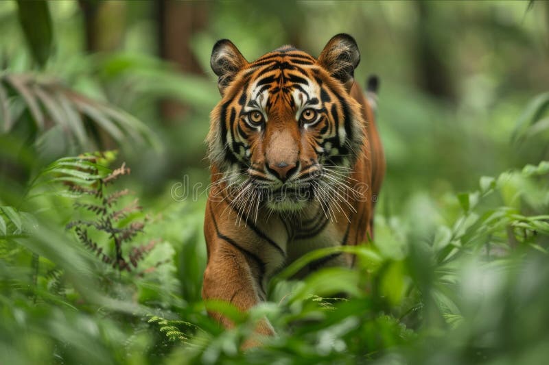 A Tiger Moving Gracefully through Dense Forest Vegetation, Showcasing ...