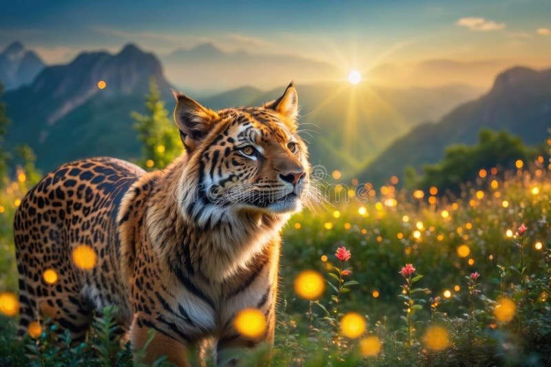 Tiger in Nature in Backlight. Tiger in the Mountains Stock Illustration ...
