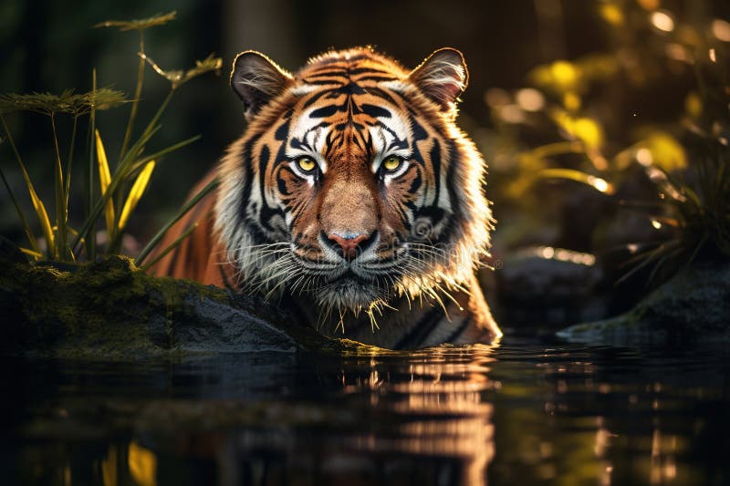 Tiger in Nature with Reflection in Water. Generative AI Stock Image ...