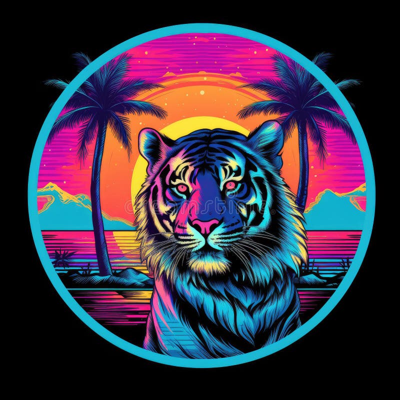 Tiger in Neon Colors Against the Sunset Smooth-lined Tiger in Front of ...