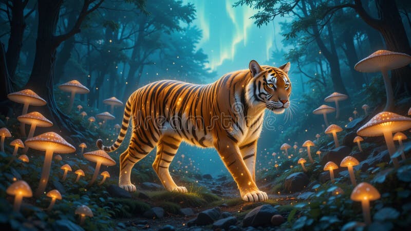 Tiger in Enchanted Forest stock illustration. Illustration of ocean ...