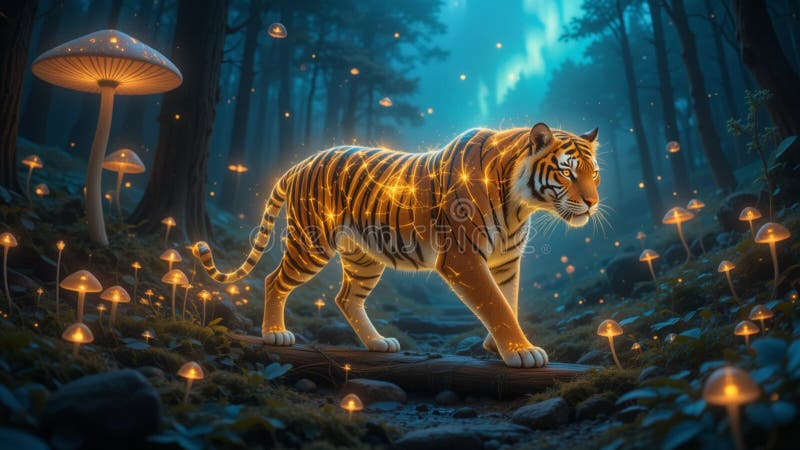 Enchanted Tiger in a Magical Forest Stock Illustration - Illustration ...
