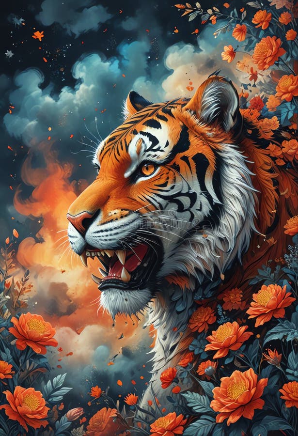 A Tiger with Orange Flower Decoration Stock Illustration - Illustration ...