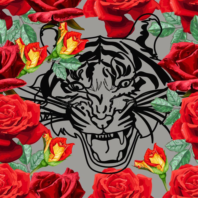 Tiger Outline with Roses Seamless Pattern Stock Vector - Illustration ...