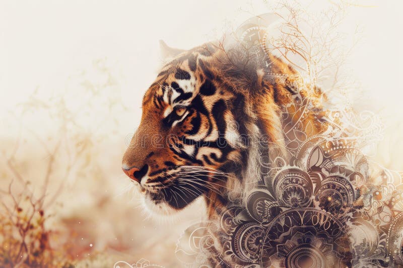 A Tiger Overlaid with the Intricate Patterns of a Mandala Design in a ...