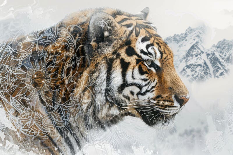 A Tiger Overlaid with the Intricate Patterns of a Mandala Design in a ...