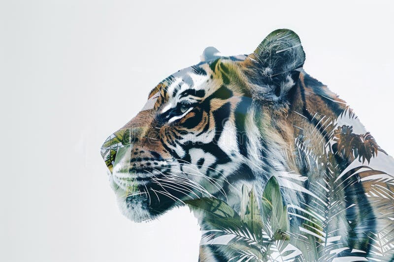 A Tiger Overlaid with the Intricate Patterns of Tropical Foliage in a ...