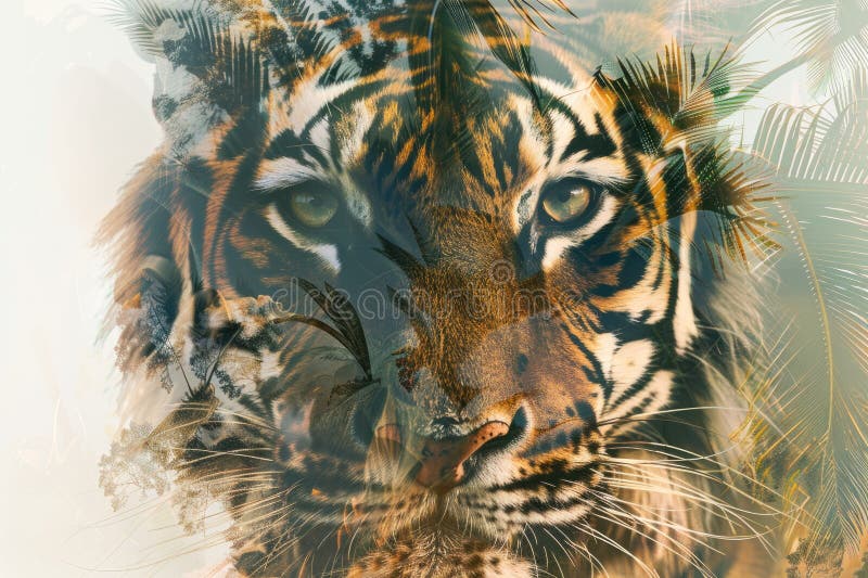 A Tiger Overlaid with the Intricate Patterns of Tropical Foliage in a ...