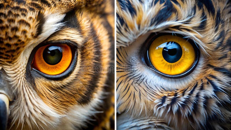 Tiger and Owl Eye Collage. Close-up Shot Stock Photo - Image of ...