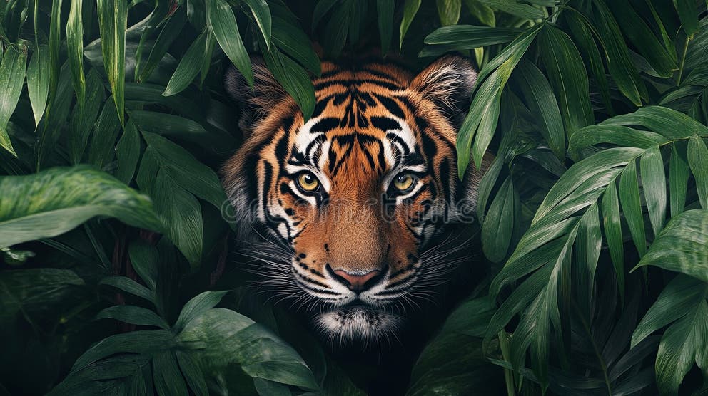 Tiger Peeking through Dense Jungle Foliage. Stock Image - Image of ...
