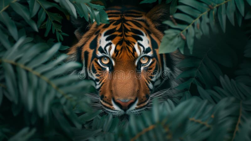 A Tiger Peeking Out from Behind a Bunch of Leaves, AI Stock ...